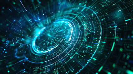 A blue and green computer screen with a spiral design