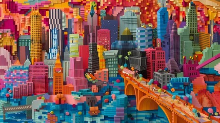 A colorful origami mosaic depicting a bustling cityscape, with ...