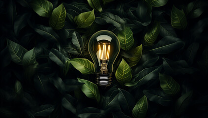 A light bulb surrounded by green leaves on a dark background symbolizes ...