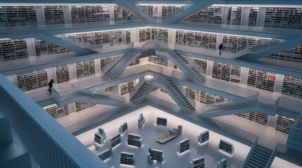 A labyrinthine library where AI algorithms curate personalized reading lists, recommending books ...