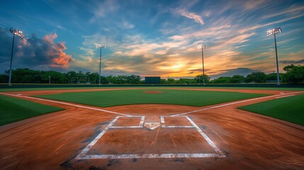 An empty softball field with freshly painted white lines on vibrant ...