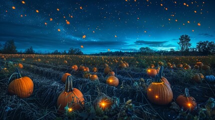Halloween pumpkin patch with glowing jack-o-lanterns