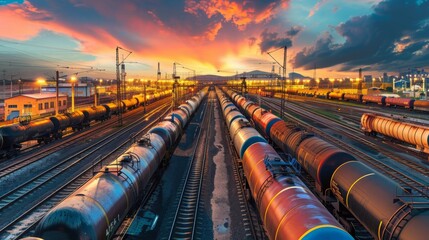 A train yard at sunset with vibrant sky colors. Multiple rail tracks ...