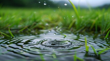 Close-up of rain droplets falling on vibrant green rice paddies, the ...