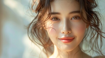 The face of a young Asian woman close up. A model girl laughing and ...