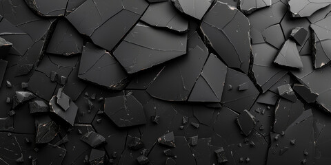 Abstract shattered black surface texture with cracked, irregular, and ...