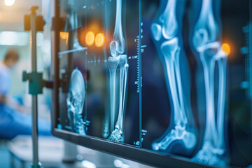 A series of X-ray images showing human leg bones, displayed on a ...