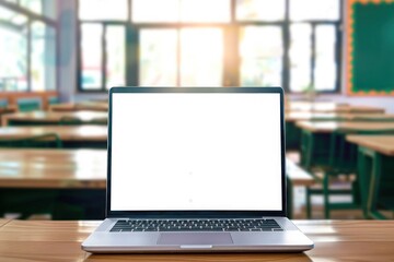 Mockup image of laptop with blank white screen on table in cozy school ...
