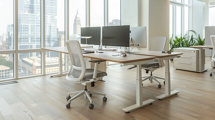 Minimalist office design with ergonomic adjustable desks and clutter ...