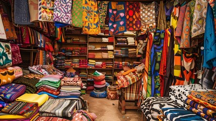 A vibrant image of a traditional African market stall overflowing with ...