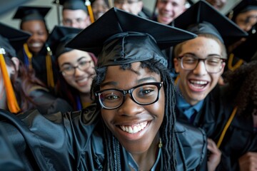 Diverse graduates in black caps and gowns, posing for a group photo ...