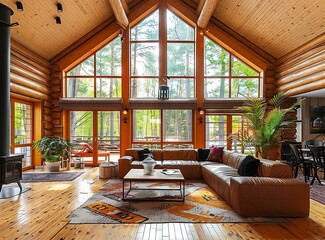 Big wooden house interior with high ceiling and large windows, living ...