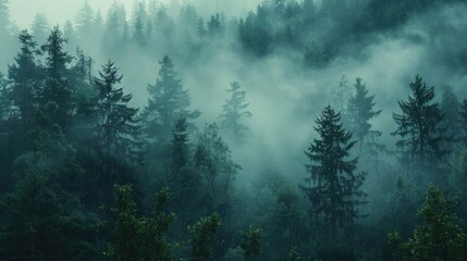 A dense fog rolling over a tranquil forest, creating an ethereal and ...