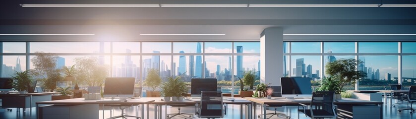 Blurred light modern office, panoramic windows, beautiful lighting ...