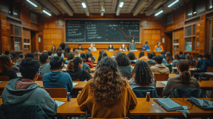 University Lecture Hall Filled with Diverse Students Listening to Panel ...
