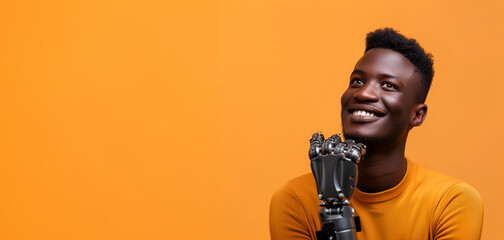 A joyful African American man with prosthetic hands stands against an ...