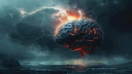 An image of a brain with a storm raging inside, symbolizing inner conflict.