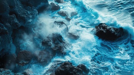 Blue magma Shore of volcanic rocks