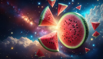 juicy fresh watermelon exploding pieces space fantasy landscape with ...