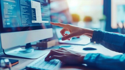 A person using a desktop computer focuses on coding and programming ...