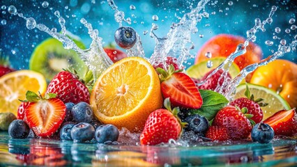 Vibrant and colorful image of juicy fruits splashing in fresh water ...