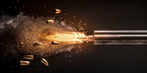A close-up image of a gun barrel with a muzzle flash and bullets flying ...