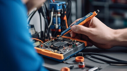 Engineers Working on Circuit Board with Multimeter from Pikwizard
