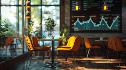 multiple graphs moving over empty chairs and tables arranged in a ...