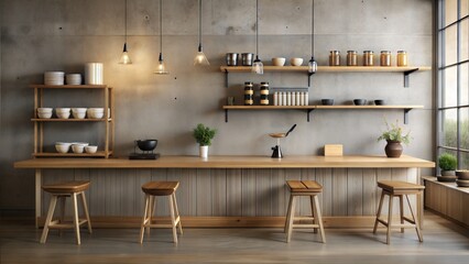 Seat and wooden counter with coffee equipment on counter bar and wooden ...