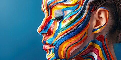 a female model dressed in multiple colors and stripes on her face