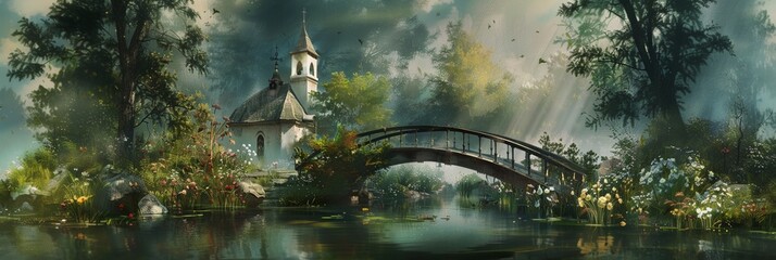 Painting of scenic view of church in countryside with bridge pond and ...