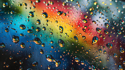 Closeup of raindrops on the windshield. with rainbow reflections ...