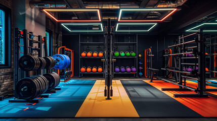 A modern gym with neon lights, high-tech equipment and colorful ...