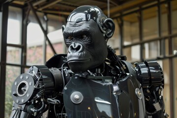 The photo presents a sophisticated robotic gorilla head with sleek ...