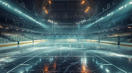 the grandeur of an empty hockey ice rink, with glistening ice and ...