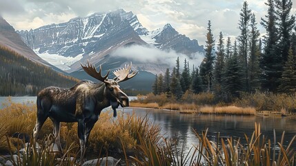 A Canadian wildlife scene with a moose as the focal point, capturing ...