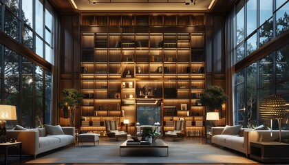 Modern library with tall windows, elegant furniture, evening light