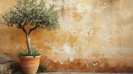 Olive Tree Shade on Beige Weathered Wall with Terracotta Pot ...