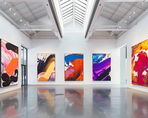 A modern art gallery with high ceilings and white walls, displaying a ...