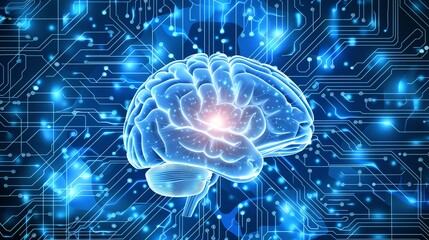 A digital rendering of a human brain with a glowing core, overlaid on a ...