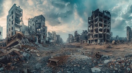 Ruined cityscape with destroyed buildings in high definition panoramic ...