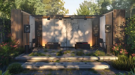 outdoor music studio with soundproof walls integrated into a garden ...