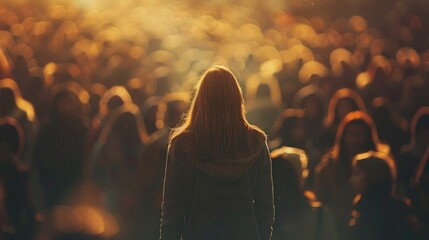 Lonely woman standing in a crowd with blurred faces in background ...