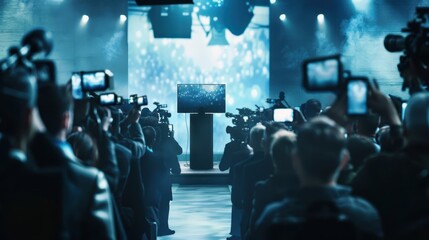 Press conference with a crowd of reporters and photographers capturing ...