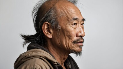 asian homeless man side view portrait on plain white background