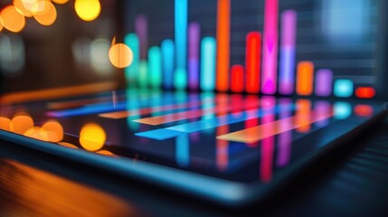 A row of colorful investment charts and graphs on a tablet screen ...