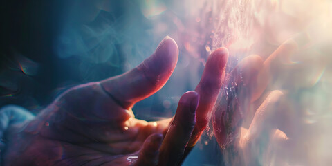 Close-up of a translucent hand gently touching a forgotten photograph ...