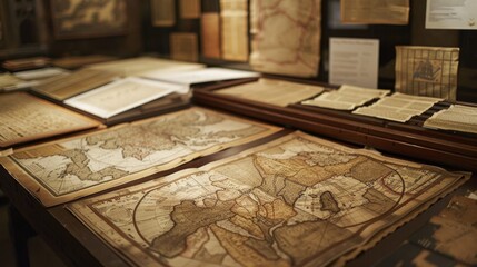 Detailed historical maps and documents on display High quality images