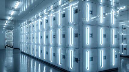 A free standing futuristic white locker system with 24 doors, all on ...