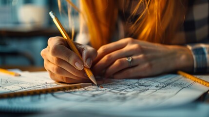 Close-up photo of a drafters hands creating a detailed drawing ...